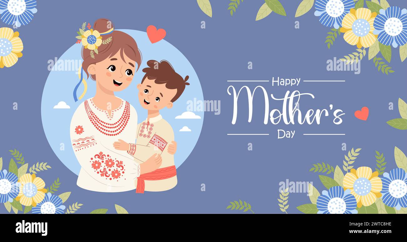 Happy Mothers Day poster. Ukrainian woman mama and son in traditional ...