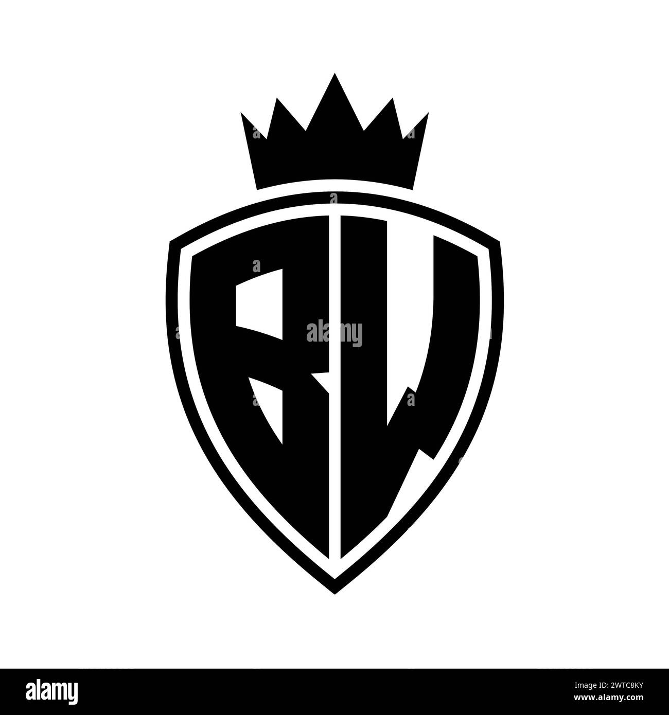 BW Letter bold monogram with shield and crown outline shape with black ...