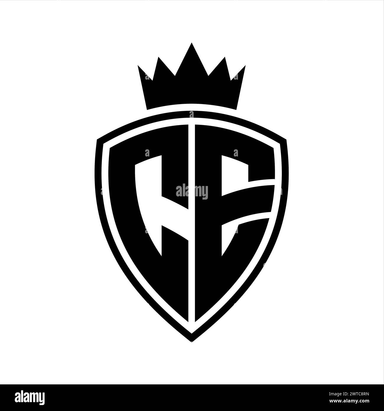 CE Letter bold monogram with shield and crown outline shape with black ...