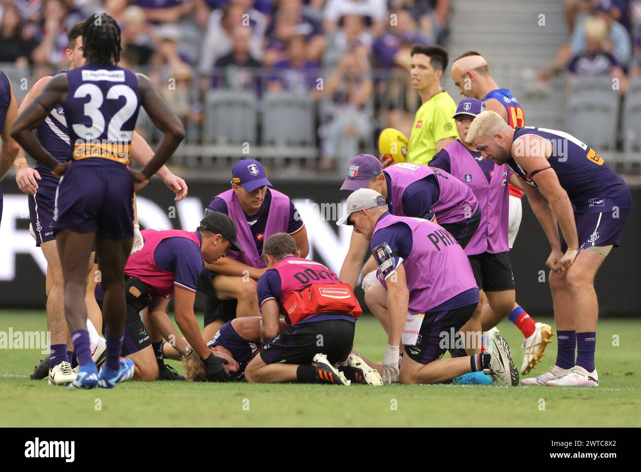 Perth, Australia. 17th Mar, 2024. Karl Worner of the Dockers receives ...