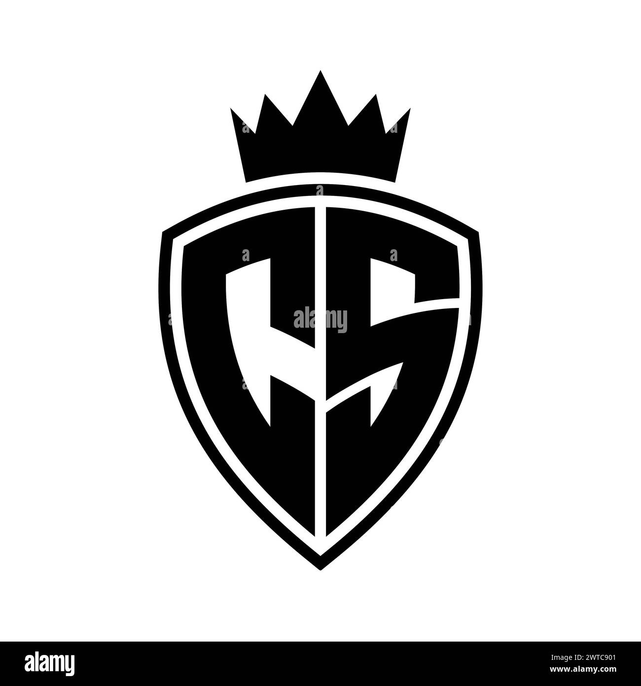 CS Letter bold monogram with shield and crown outline shape with black ...