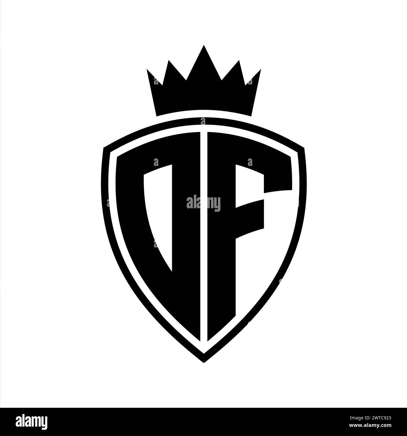 DF Letter bold monogram with shield and crown outline shape with black ...