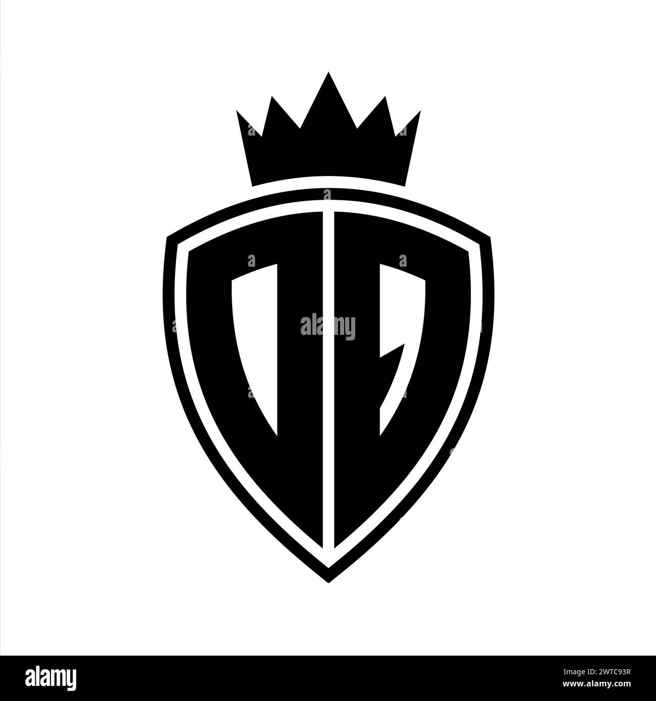 DQ Letter bold monogram with shield and crown outline shape with black ...