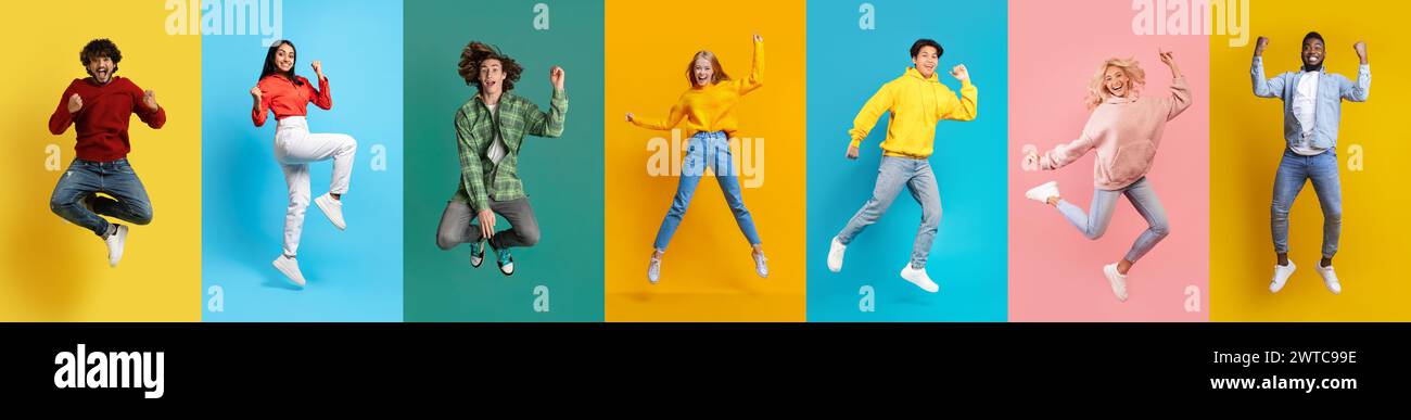 Set Of Photos With Positive Young People Jumping Against Colorful ...