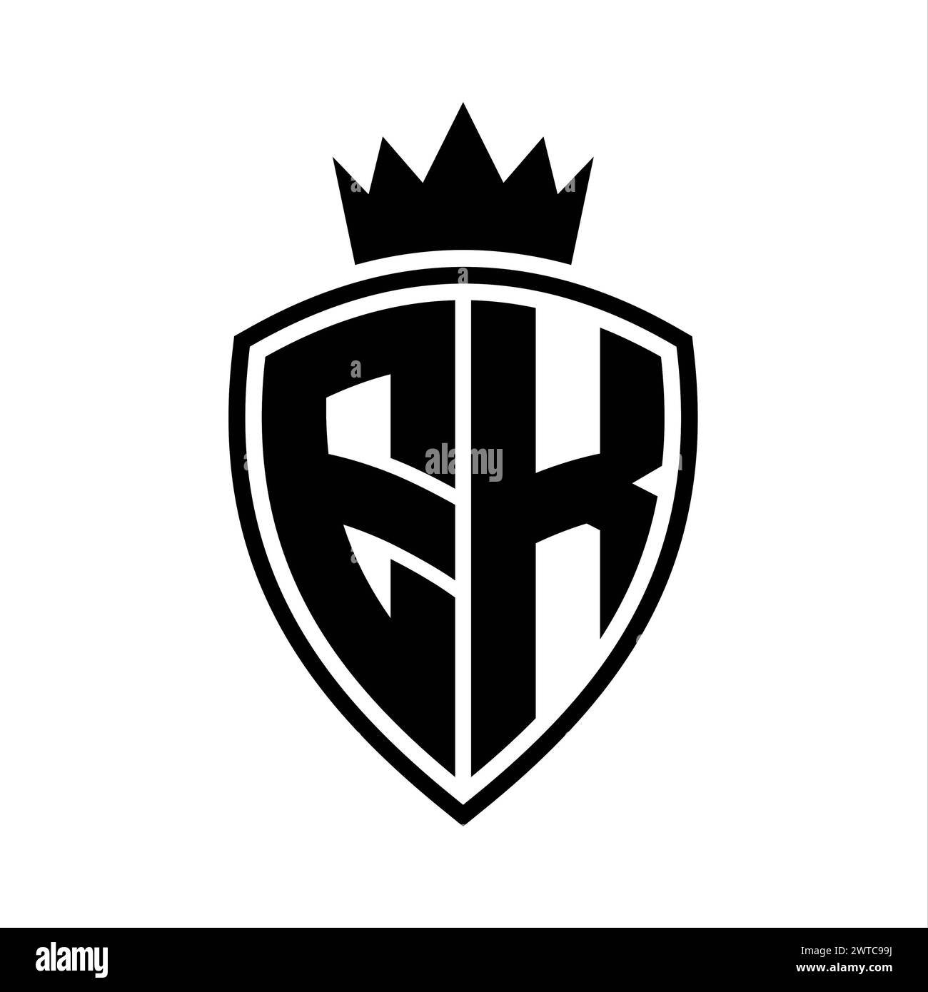 EK Letter bold monogram with shield and crown outline shape with black and white color design ...