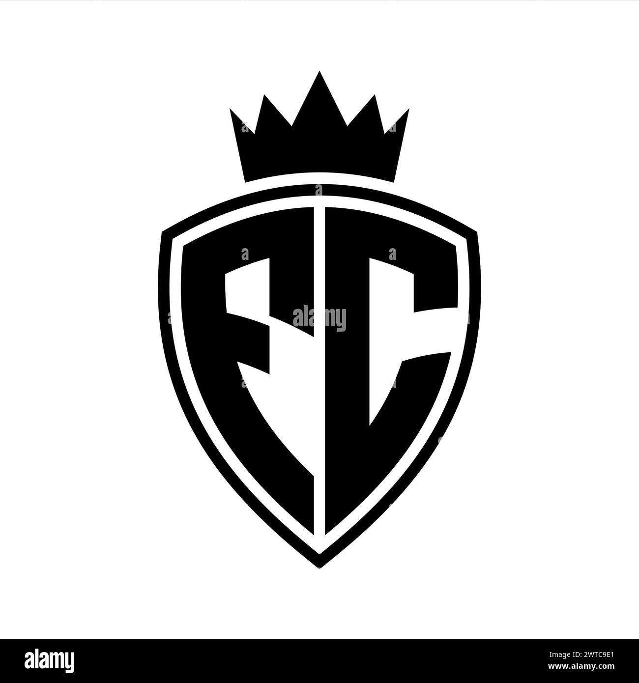 FC Letter bold monogram with shield and crown outline shape with black and white color design ...