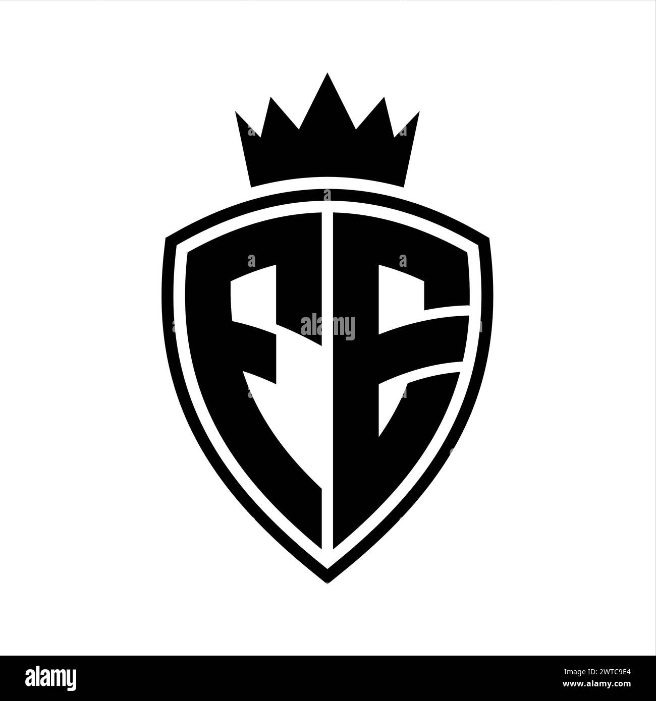 FE Letter bold monogram with shield and crown outline shape with black ...