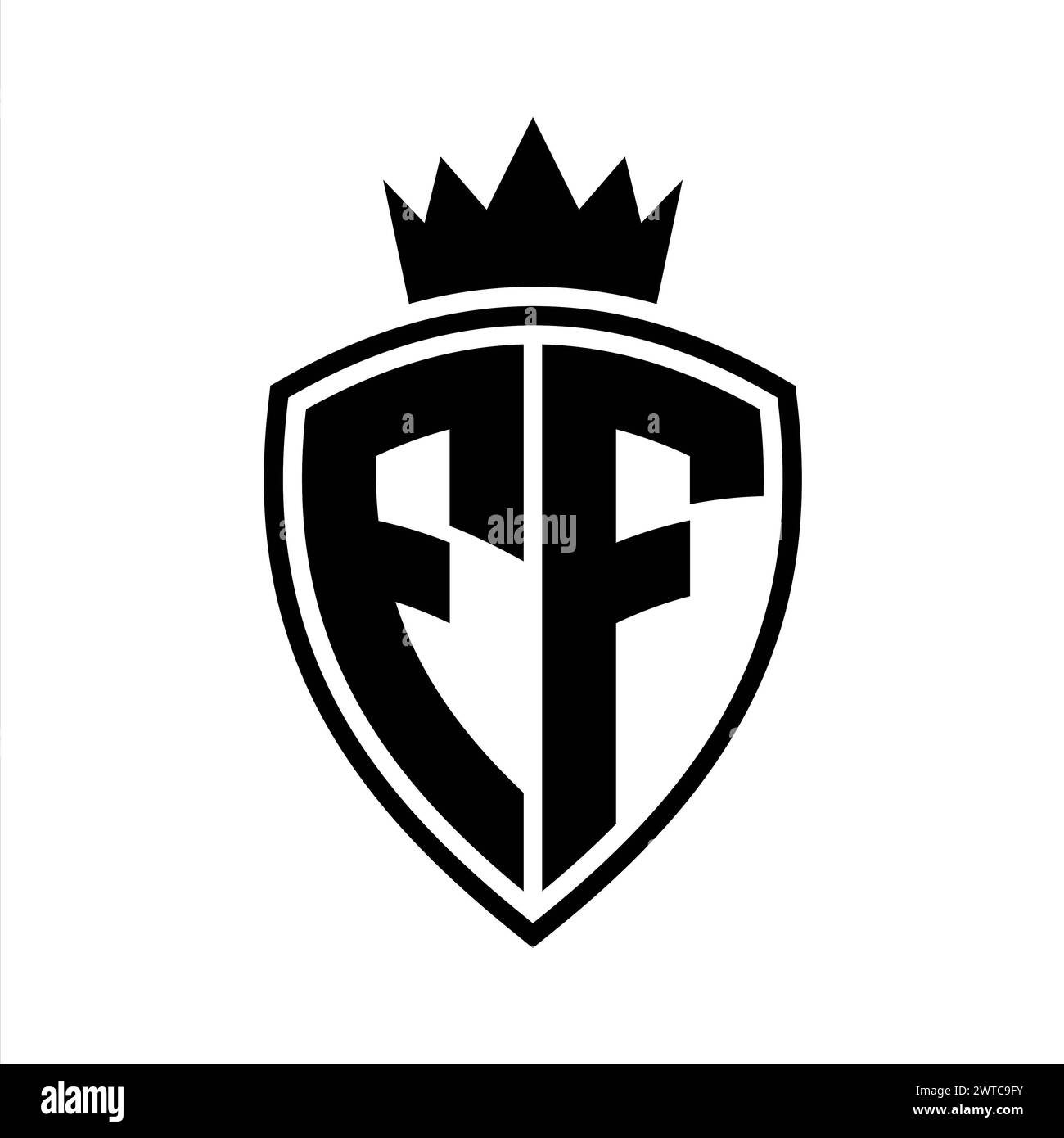 FF Letter bold monogram with shield and crown outline shape with black ...
