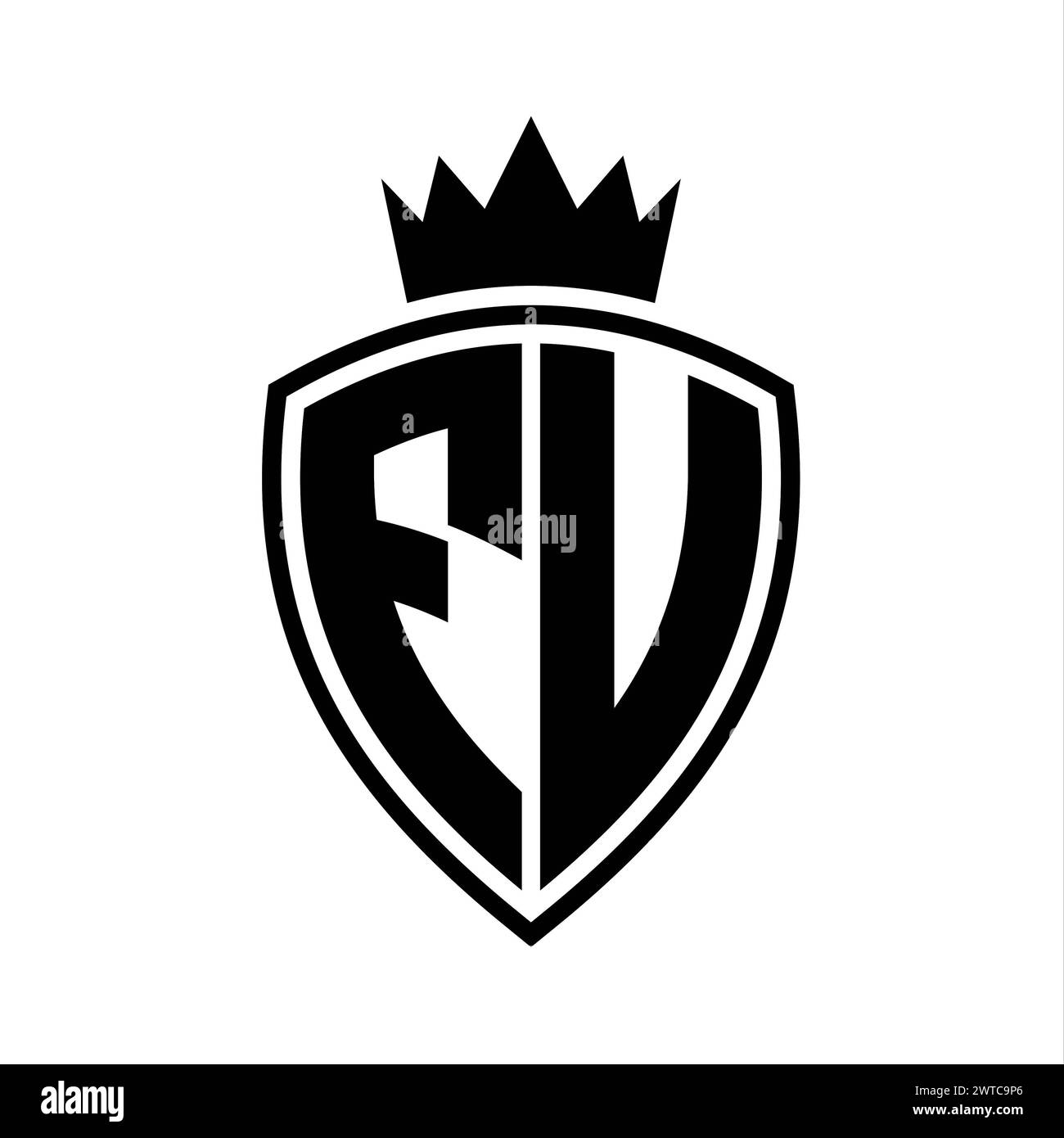 FU Letter bold monogram with shield and crown outline shape with black ...
