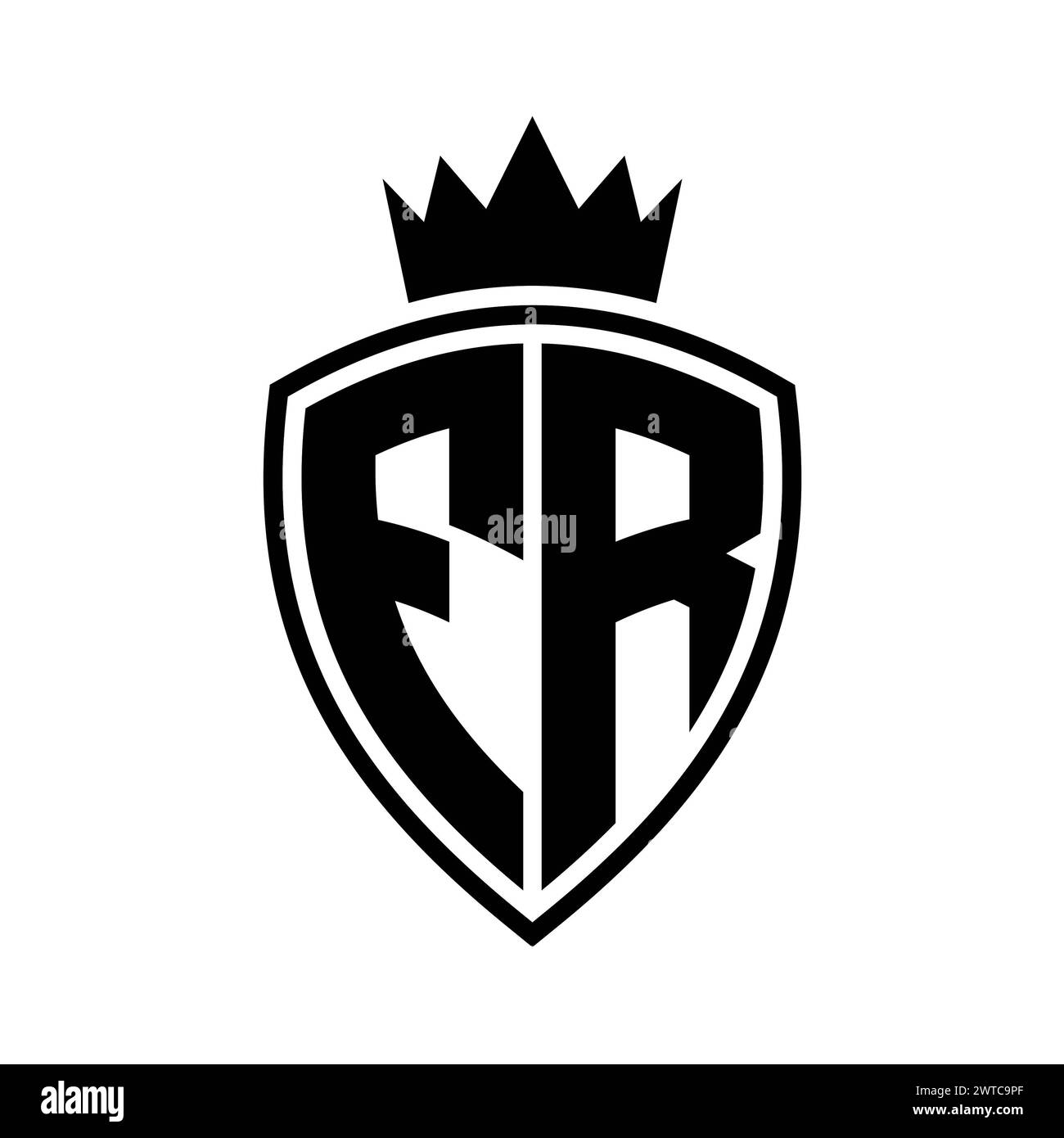 FR Letter bold monogram with shield and crown outline shape with black ...