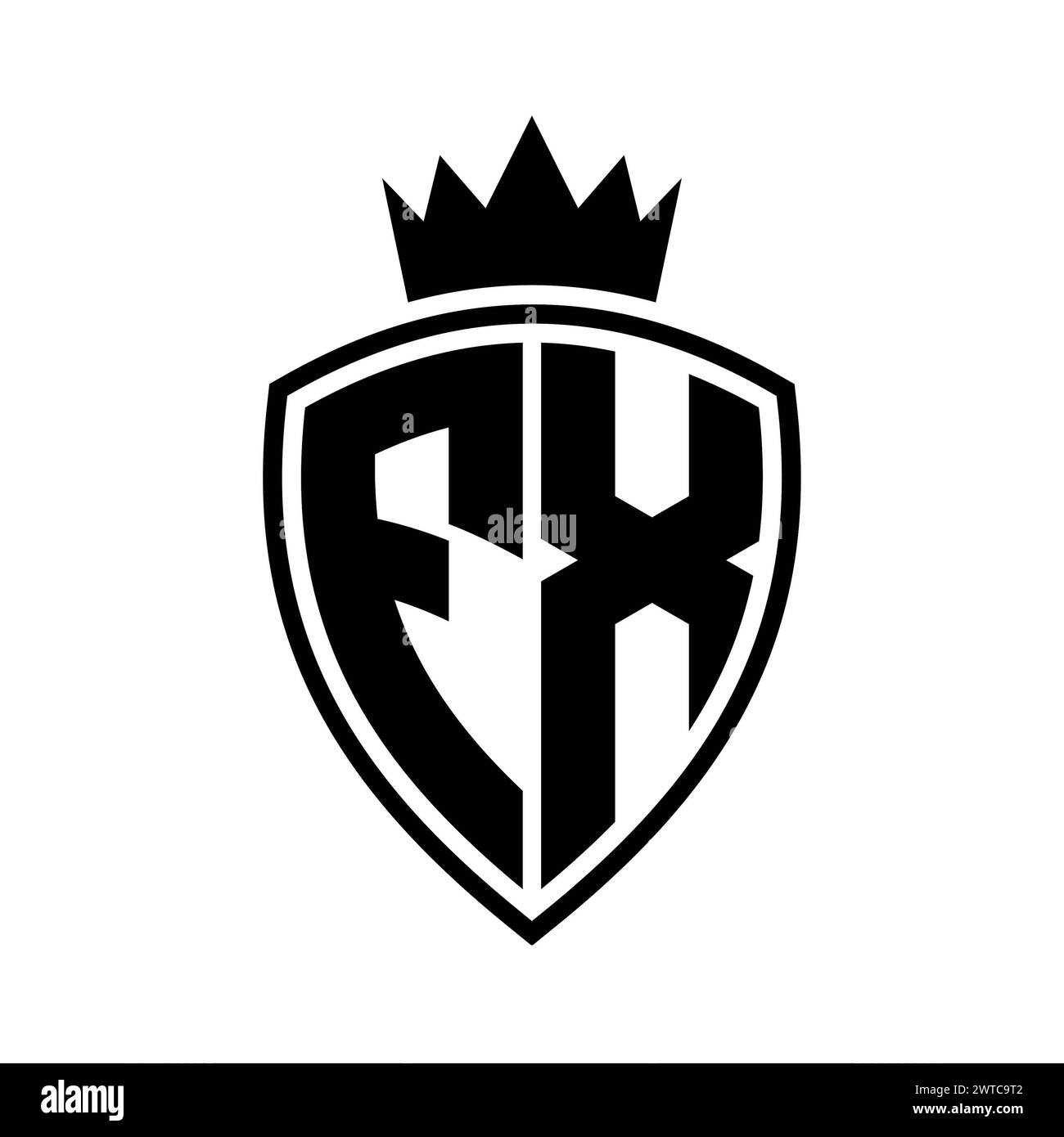FX Letter bold monogram with shield and crown outline shape with black ...