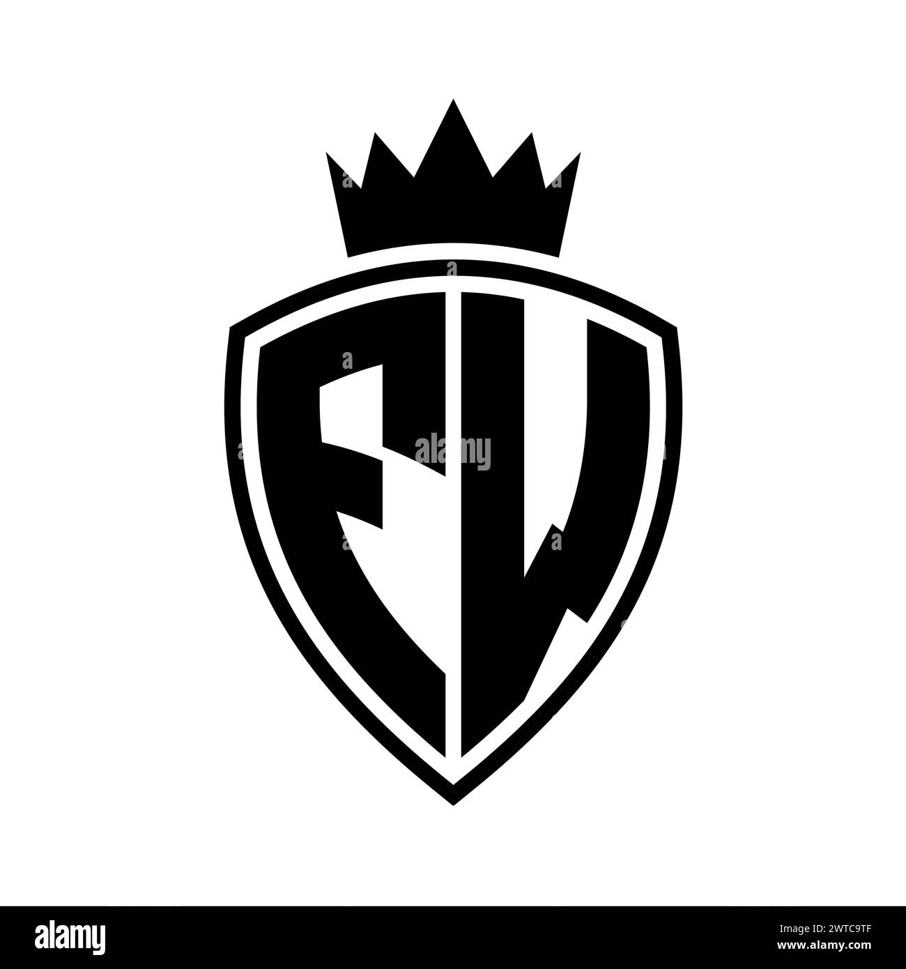 FW Letter bold monogram with shield and crown outline shape with black ...