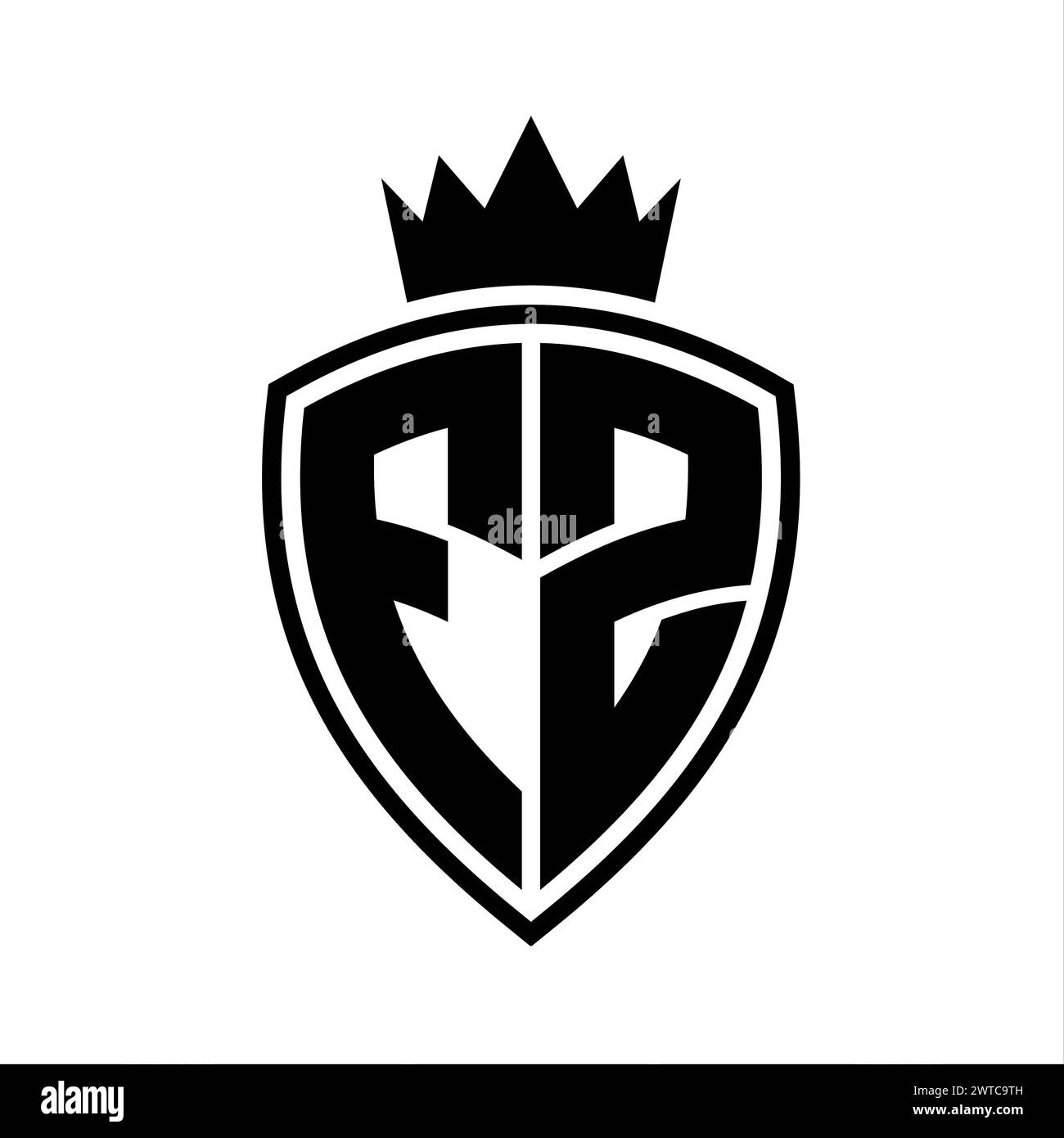 FZ Letter bold monogram with shield and crown outline shape with black and white color design ...