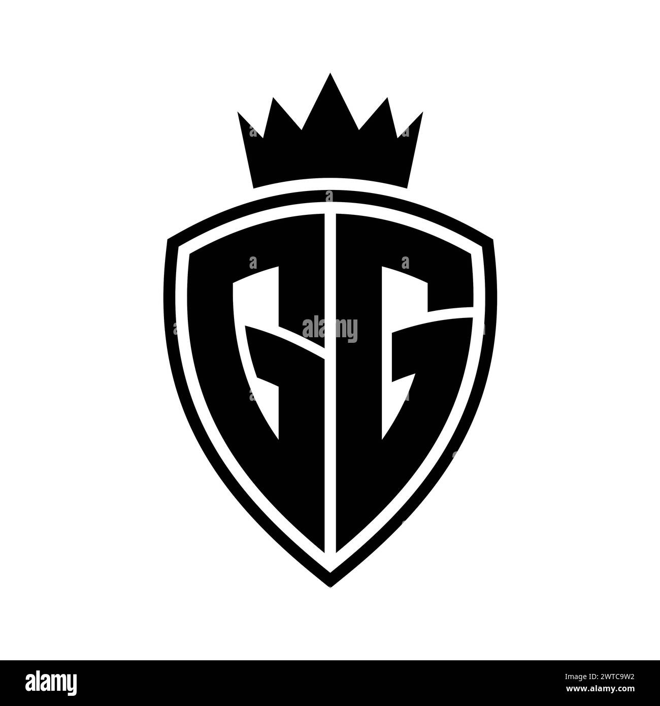 GG Letter bold monogram with shield and crown outline shape with black ...