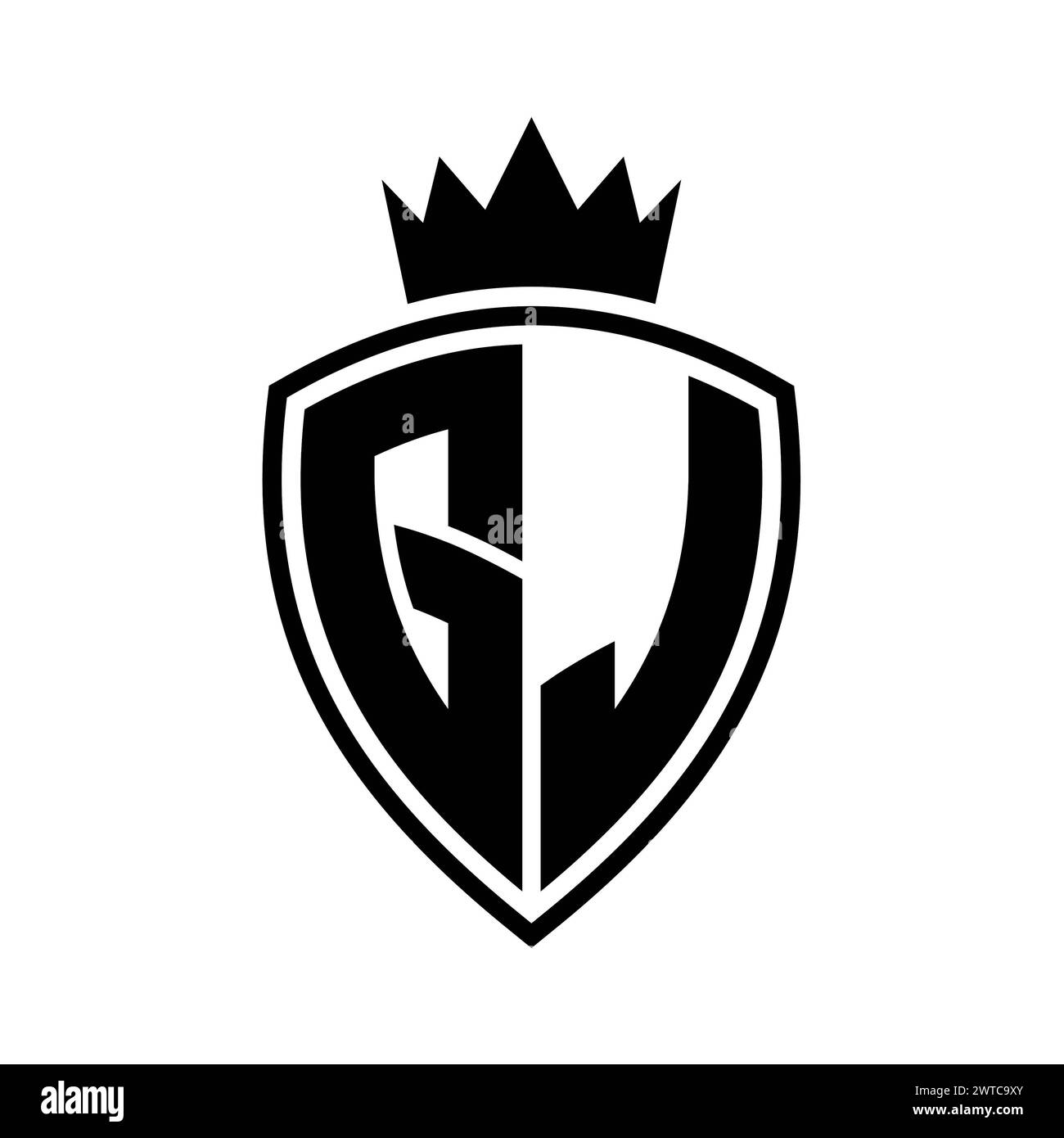 GJ Letter bold monogram with shield and crown outline shape with black and white color design ...