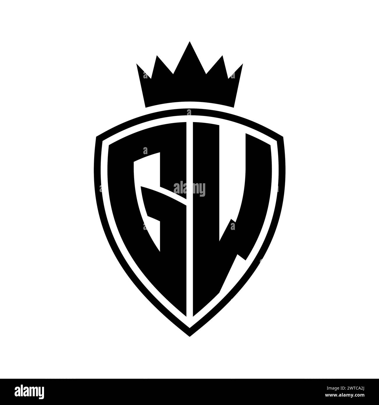 GW Letter bold monogram with shield and crown outline shape with black ...