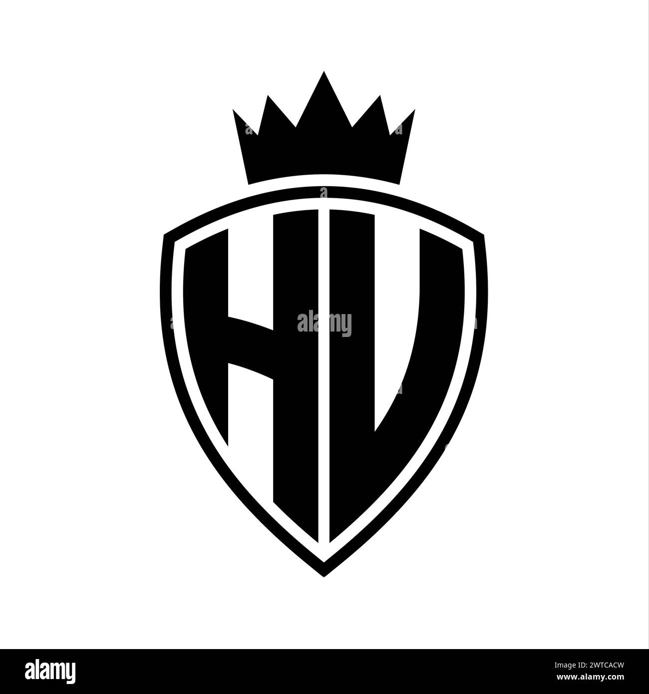 HU Letter bold monogram with shield and crown outline shape with black and white color design ...