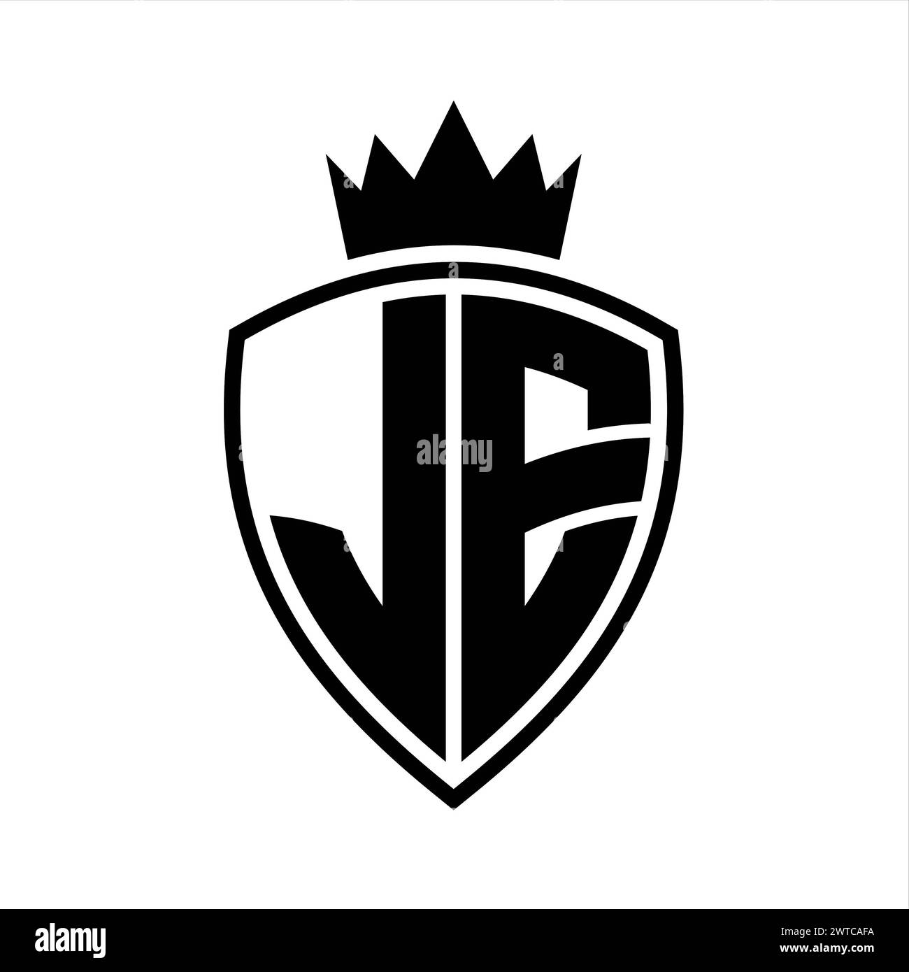 JE Letter bold monogram with shield and crown outline shape with black ...