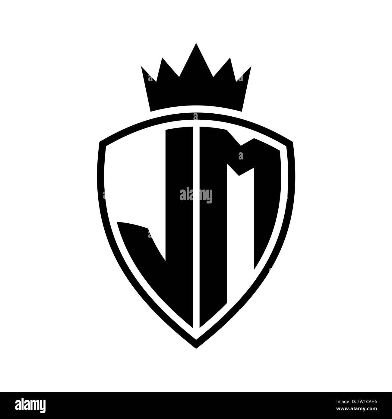 JM Letter bold monogram with shield and crown outline shape with black and white color design ...