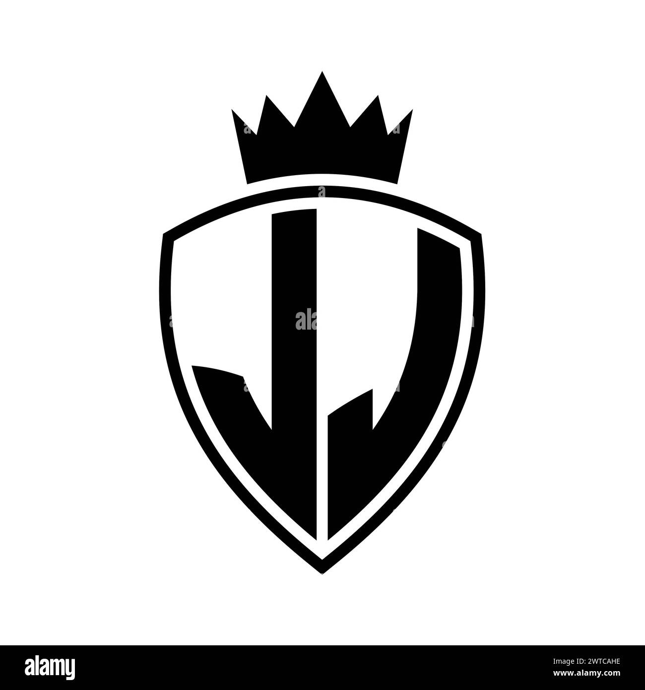 JJ Letter bold monogram with shield and crown outline shape with black ...