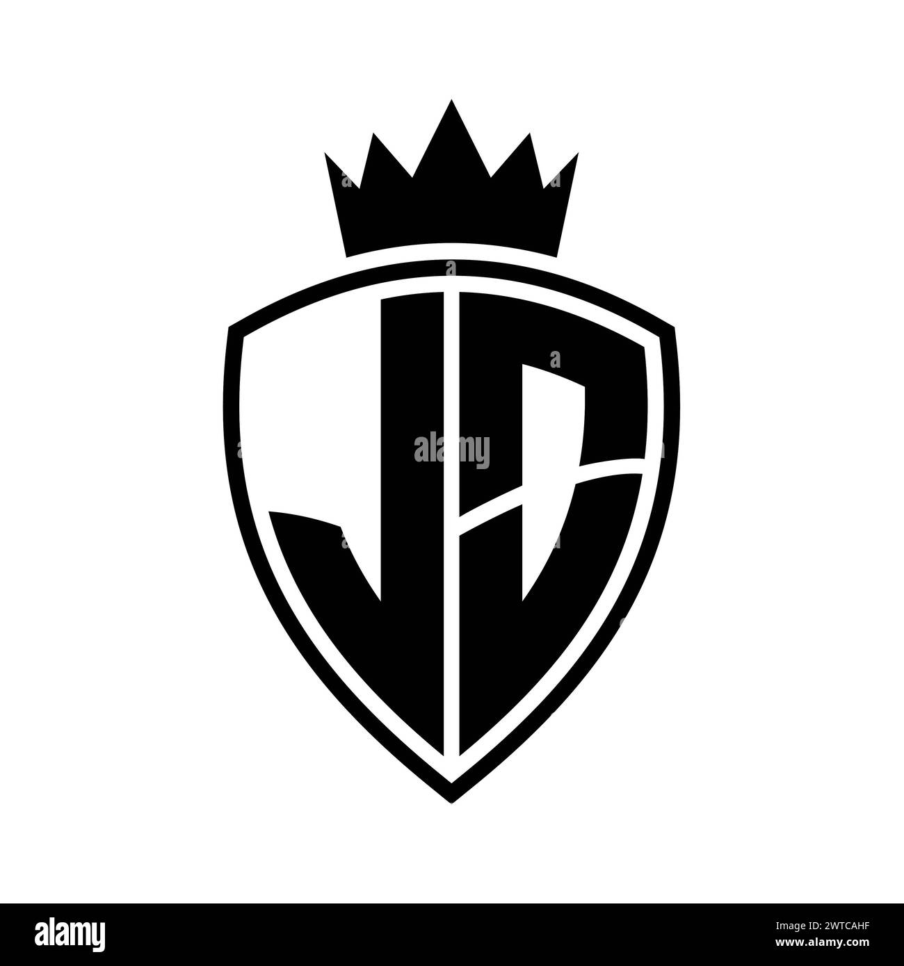 JO Letter bold monogram with shield and crown outline shape with black ...
