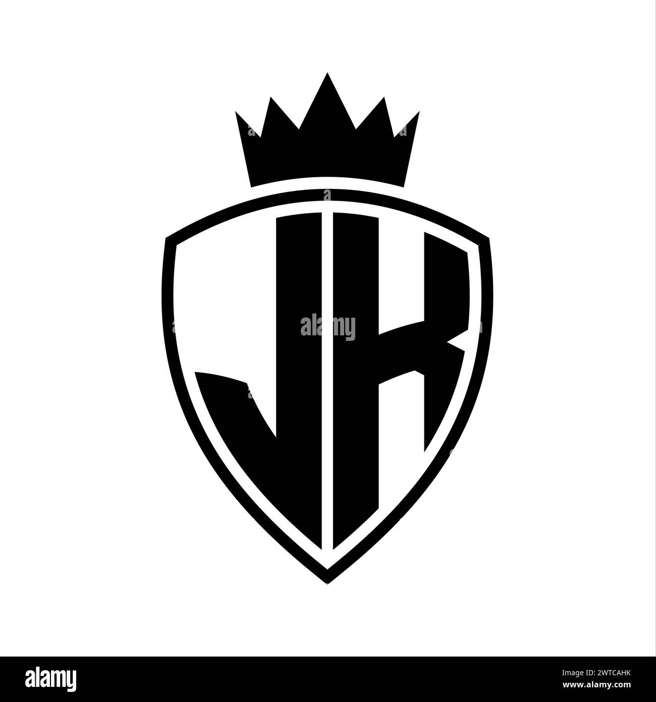 JK Letter bold monogram with shield and crown outline shape with black ...