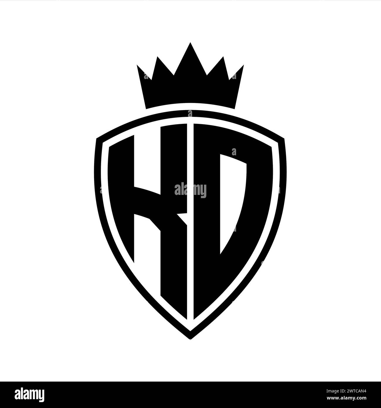 KD Letter bold monogram with shield and crown outline shape with black ...
