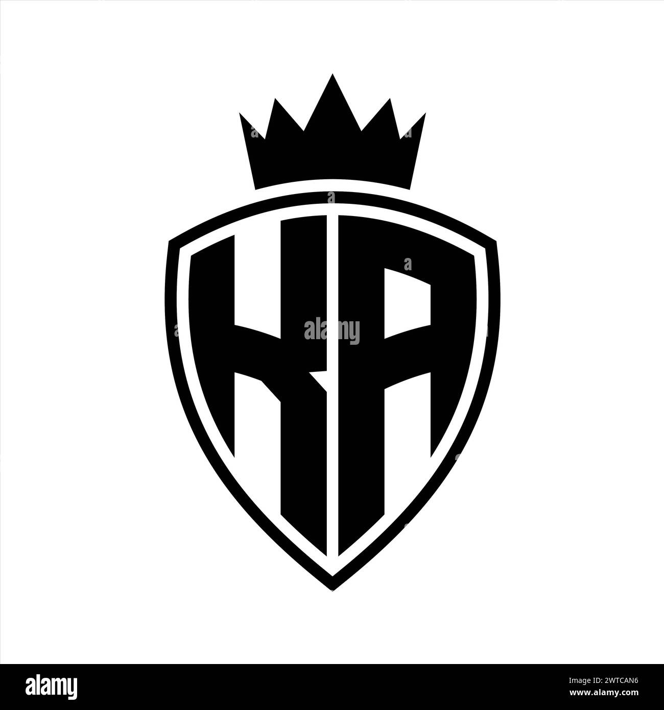 KA Letter bold monogram with shield and crown outline shape with black ...