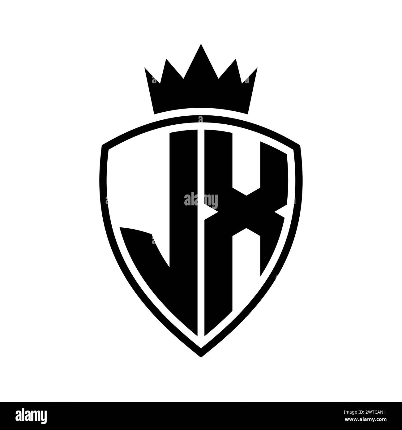 JX Letter bold monogram with shield and crown outline shape with black ...
