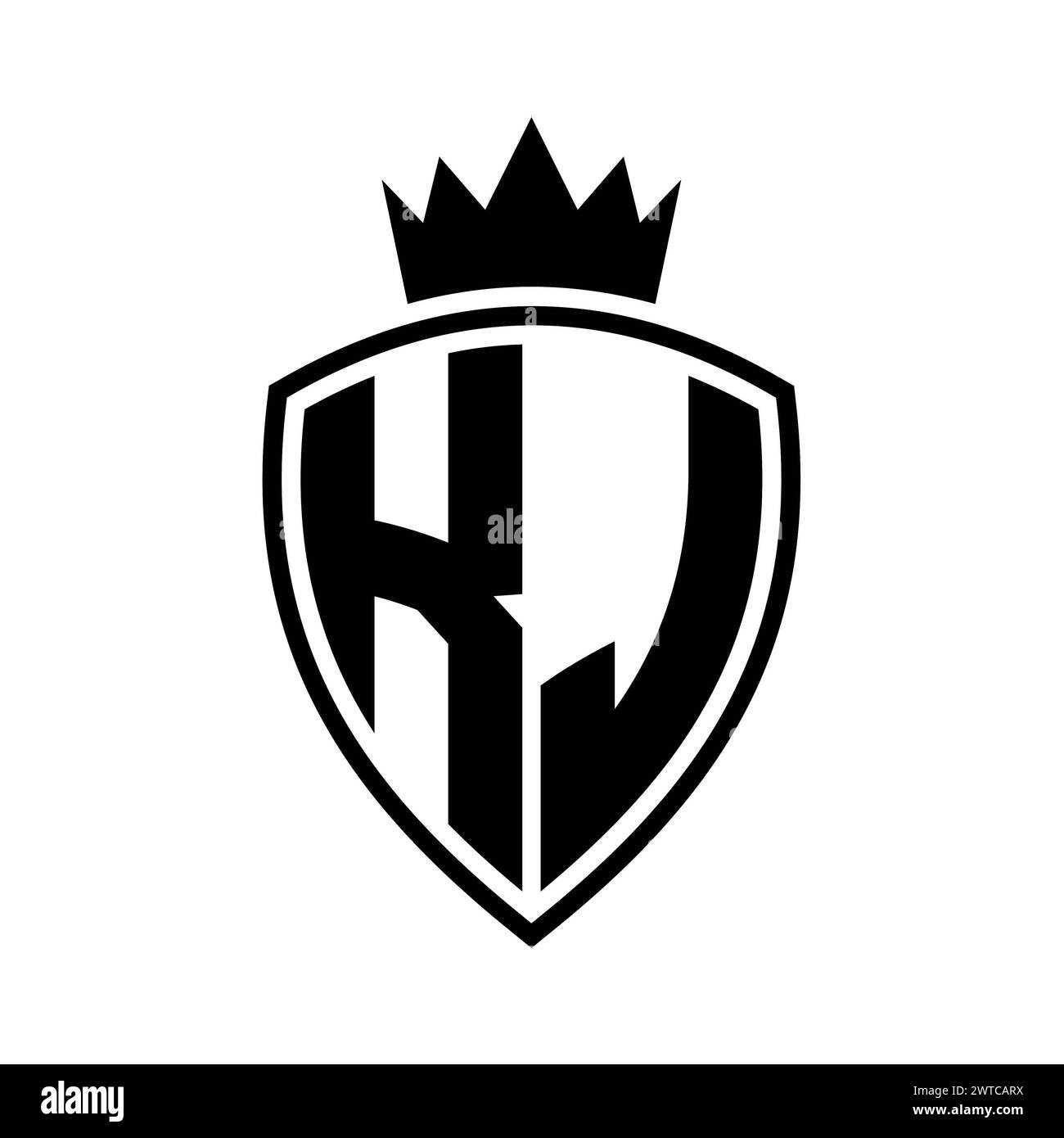 KJ Letter bold monogram with shield and crown outline shape with black ...