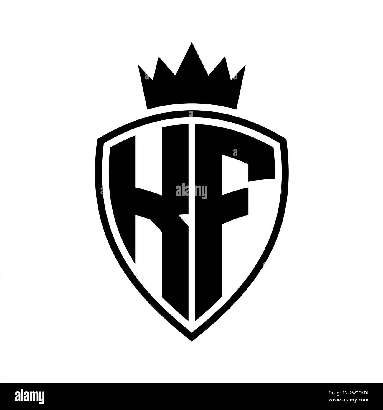 KF Letter bold monogram with shield and crown outline shape with black and white color design ...