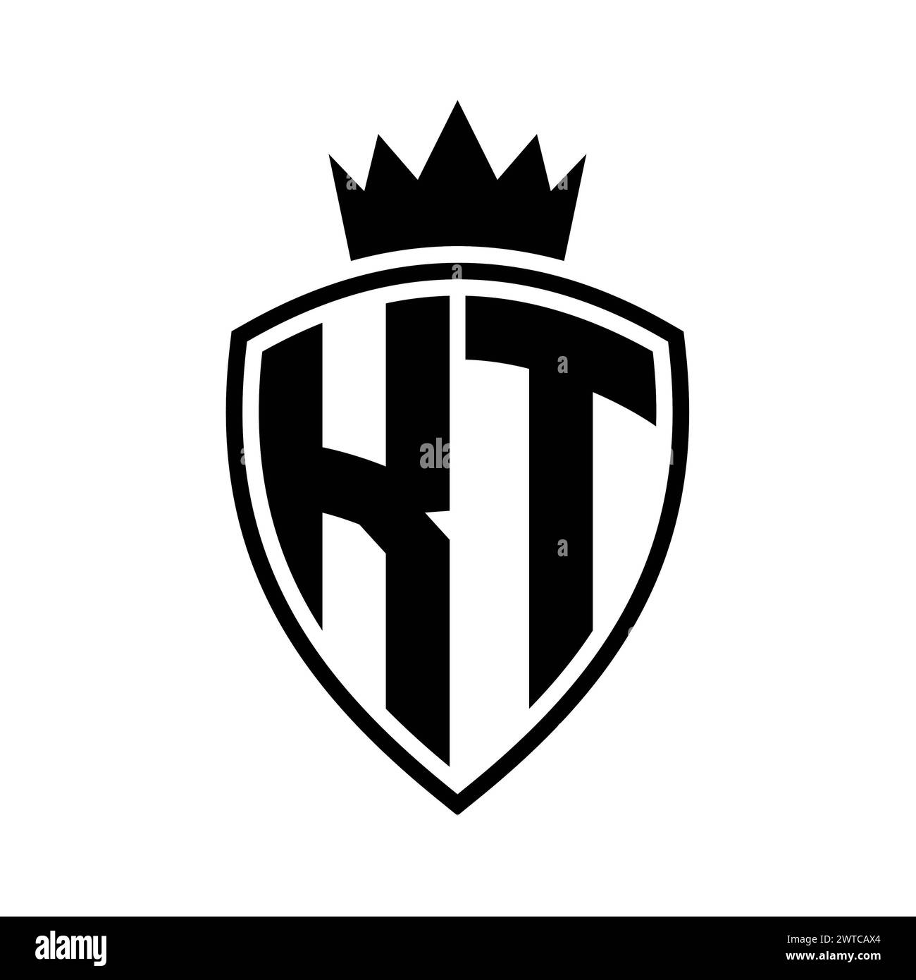 Kt Letter Bold Monogram With Shield And Crown Outline Shape With Black