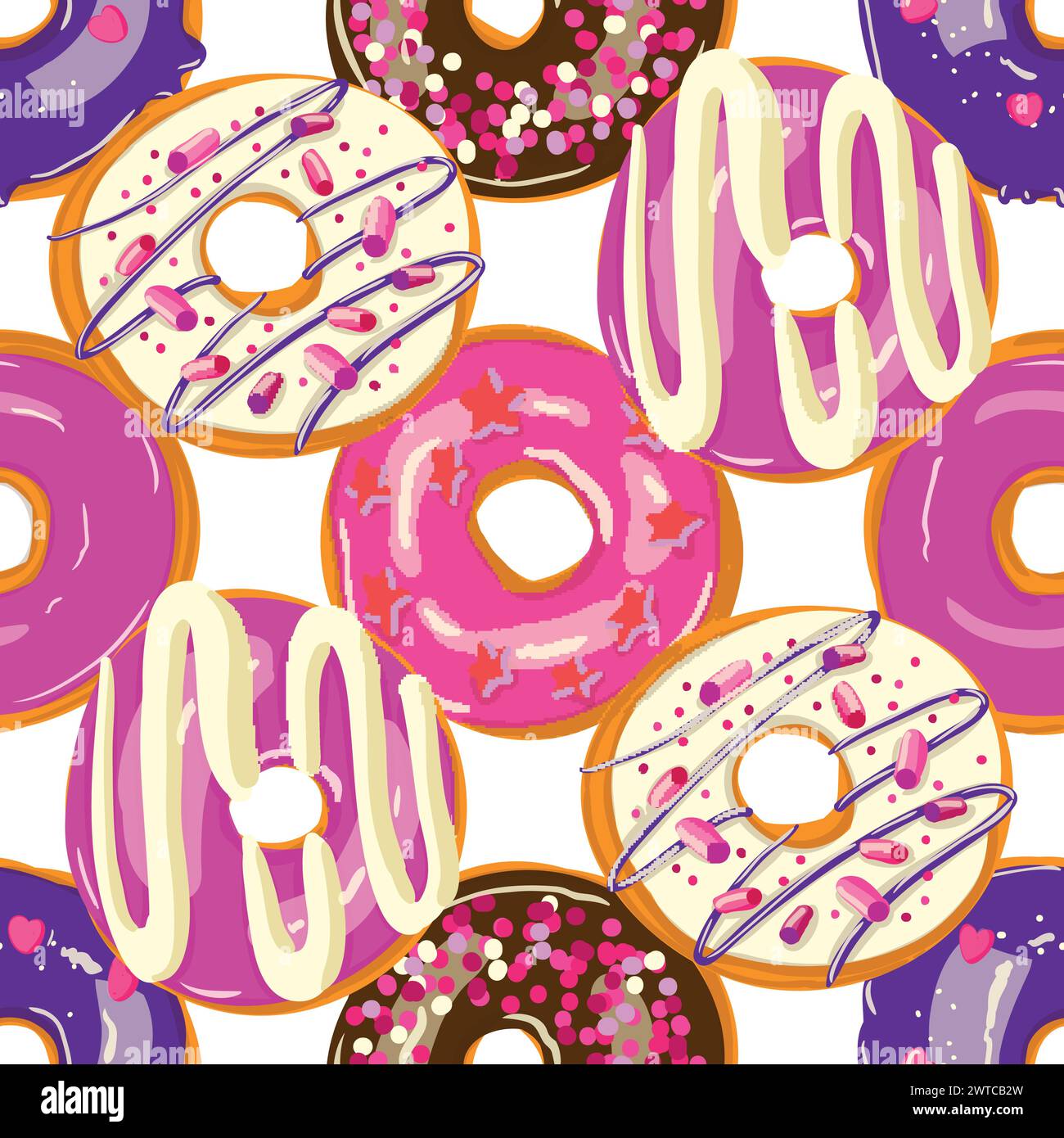 Seamless donut pattern on white background with various pink and ...