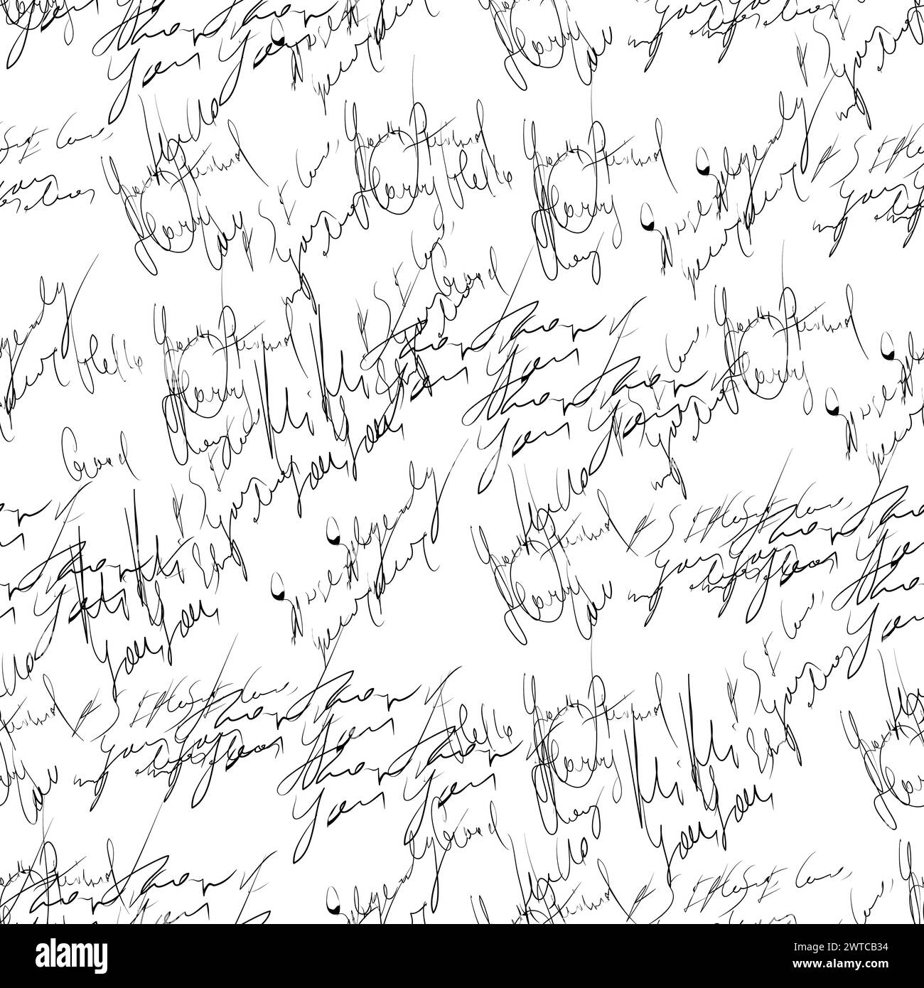 Seamless pattern of handwritten text on white paper in monochrome Stock ...
