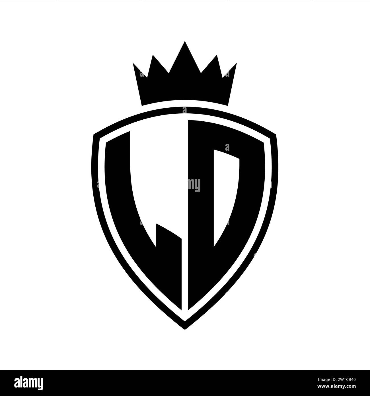 LD Letter bold monogram with shield and crown outline shape with black and white color design ...
