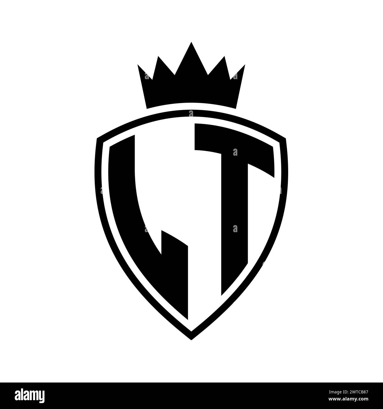 LT Letter bold monogram with shield and crown outline shape with black and white color design ...