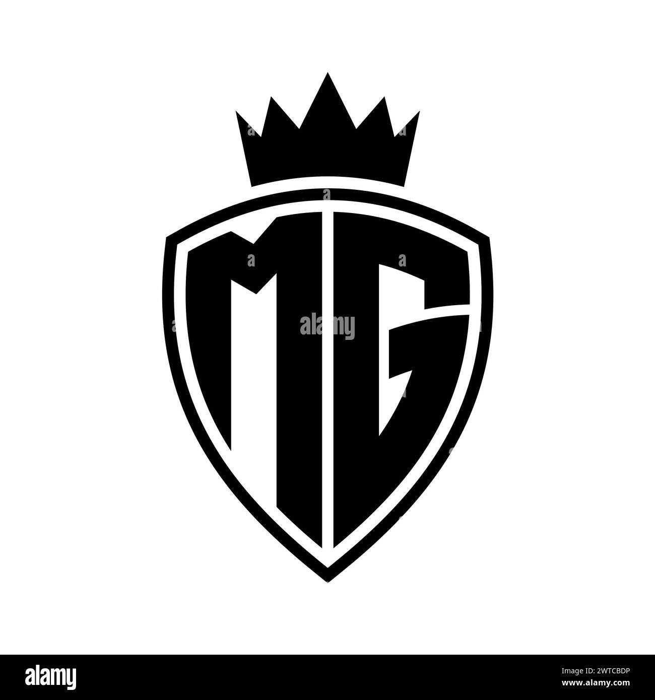 MG Letter bold monogram with shield and crown outline shape with black ...
