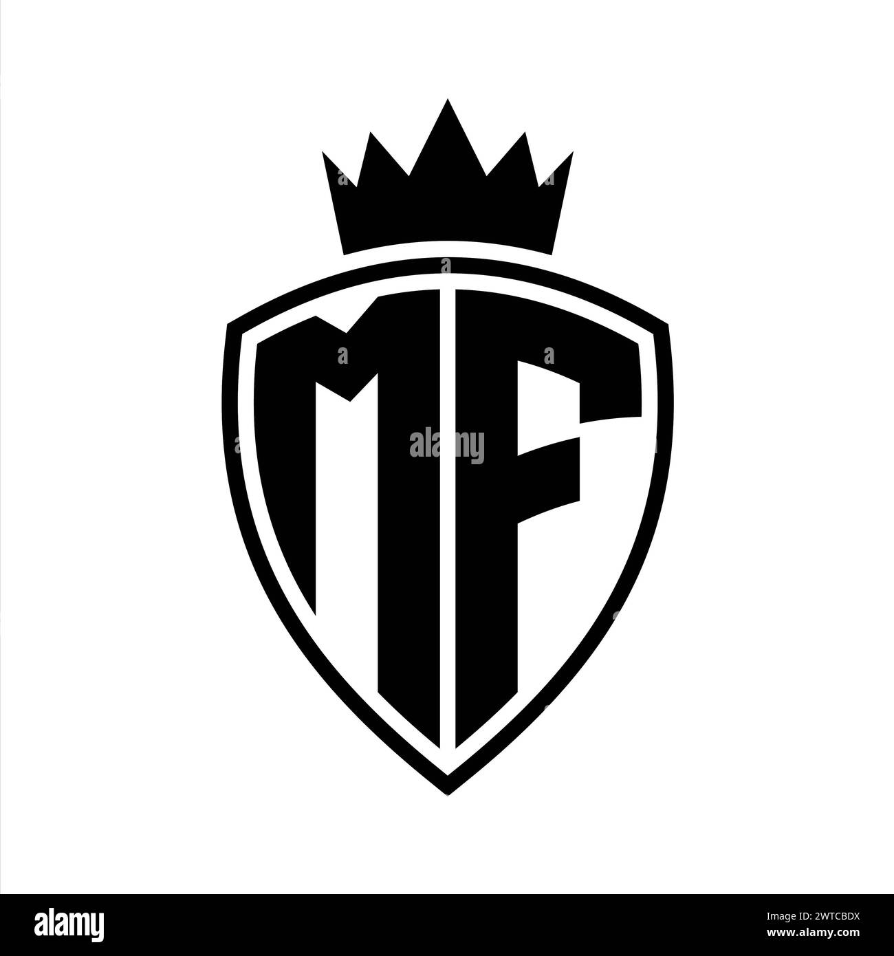 MF Letter bold monogram with shield and crown outline shape with black ...