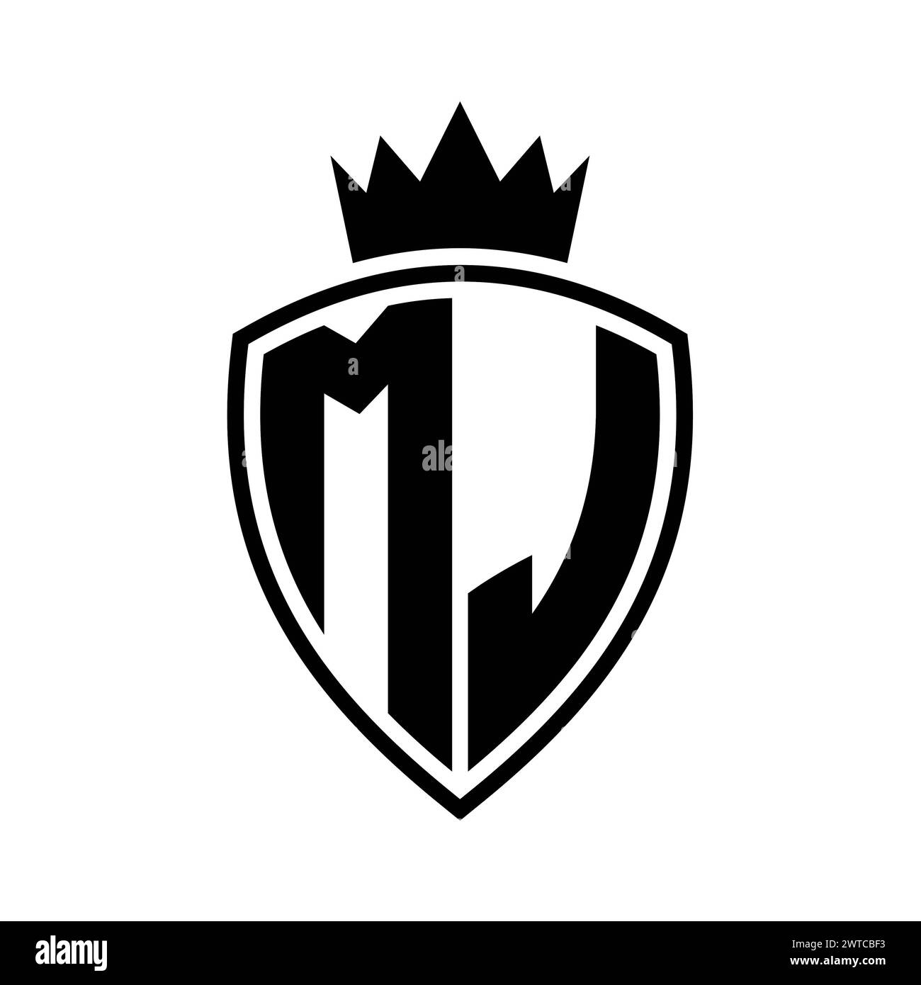 MJ Letter bold monogram with shield and crown outline shape with black ...