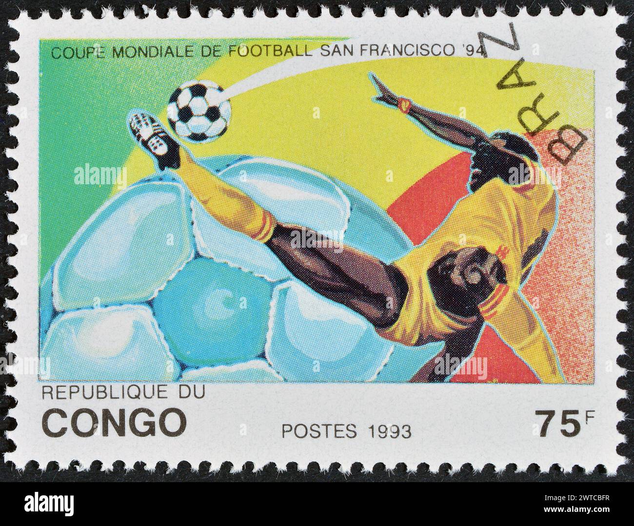 Cancelled postage stamp printed by Congo, that shows Soccer Game scene ...