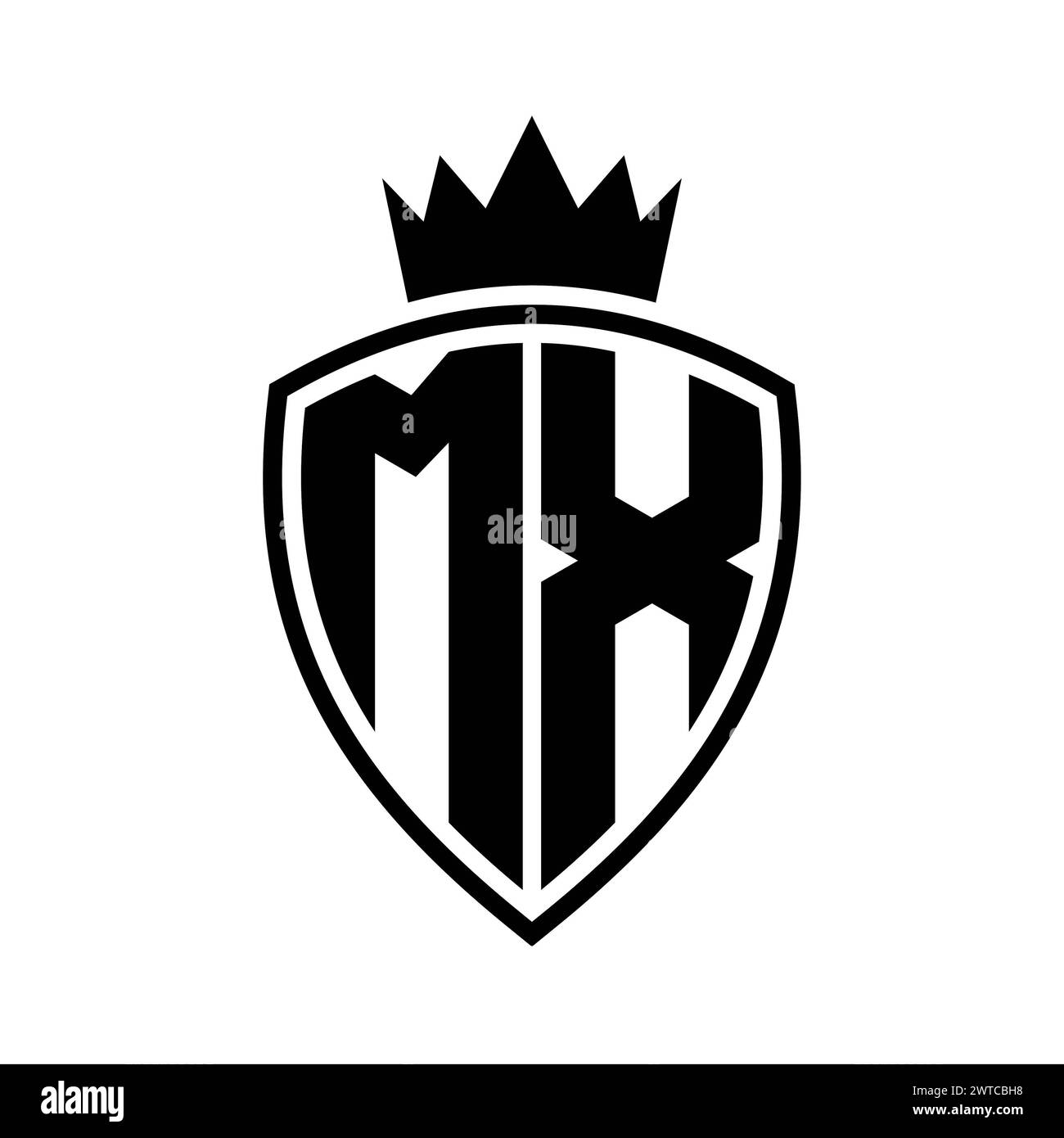 MX Letter bold monogram with shield and crown outline shape with black and white color design ...