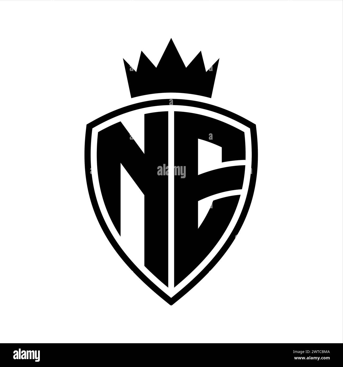 NE Letter bold monogram with shield and crown outline shape with black ...