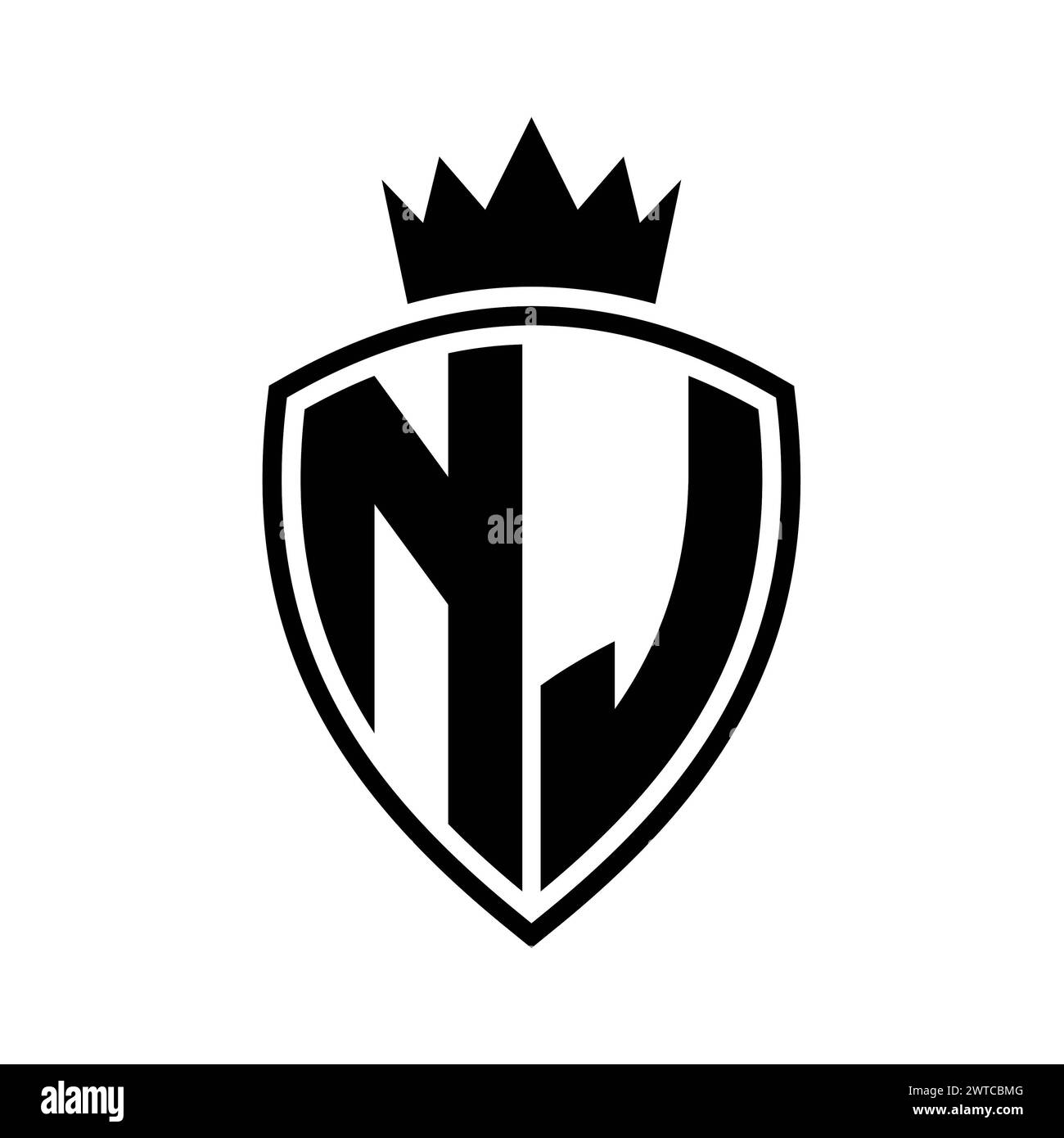 NJ Letter bold monogram with shield and crown outline shape with black ...
