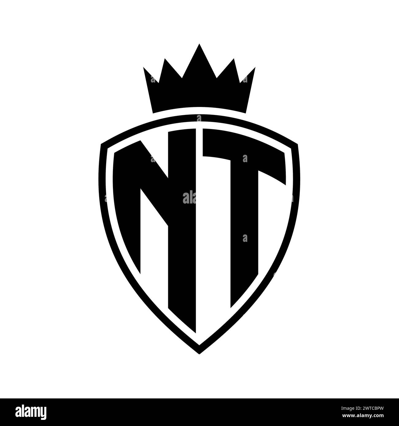 NT Letter bold monogram with shield and crown outline shape with black ...