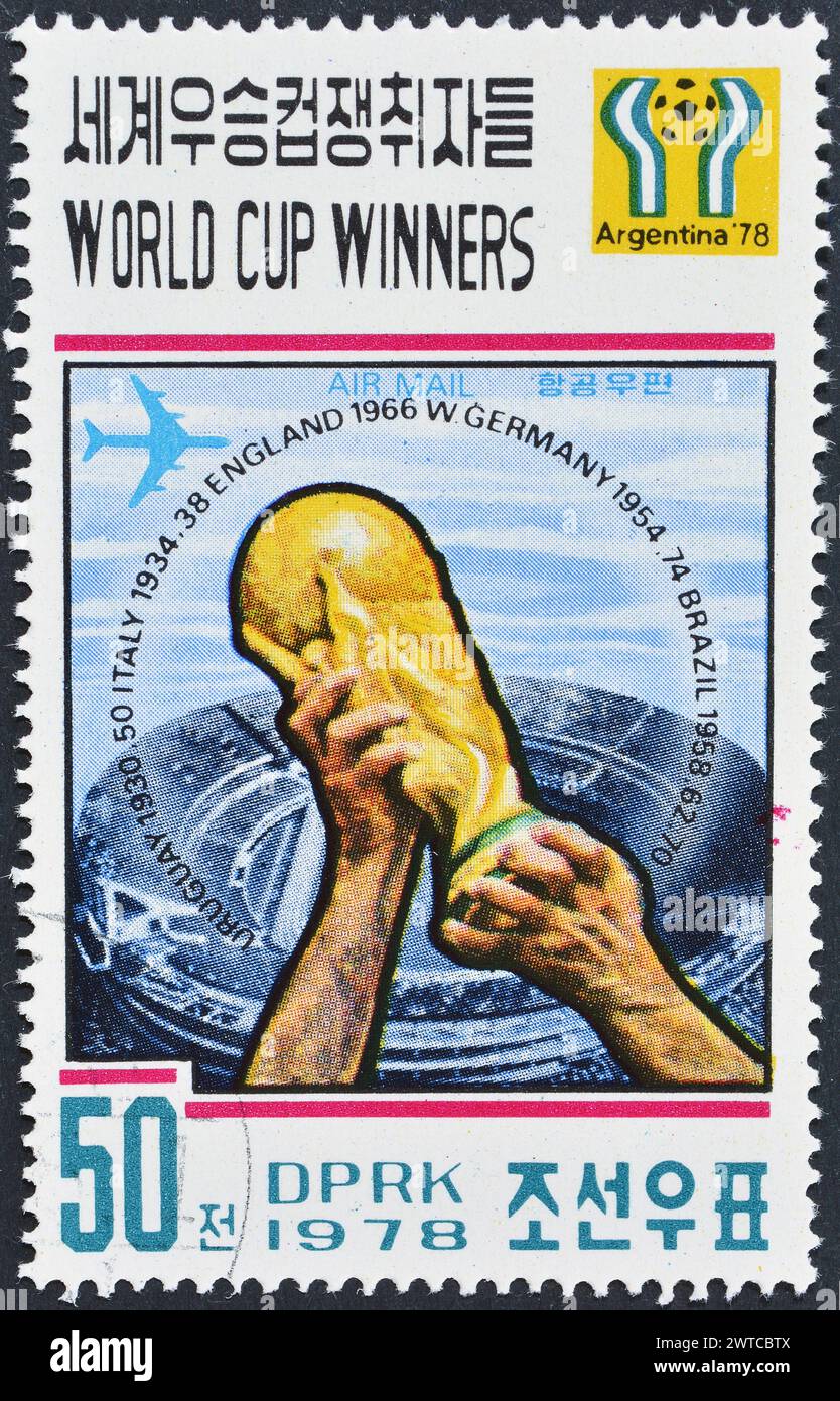 Cancelled postage stamp printed by North Korea, that shows Argentina ...
