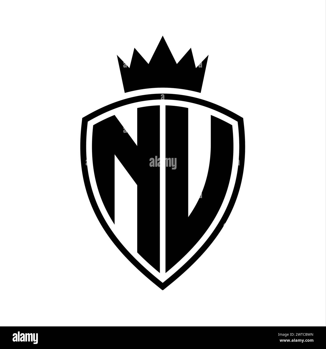 NU Letter bold monogram with shield and crown outline shape with black ...