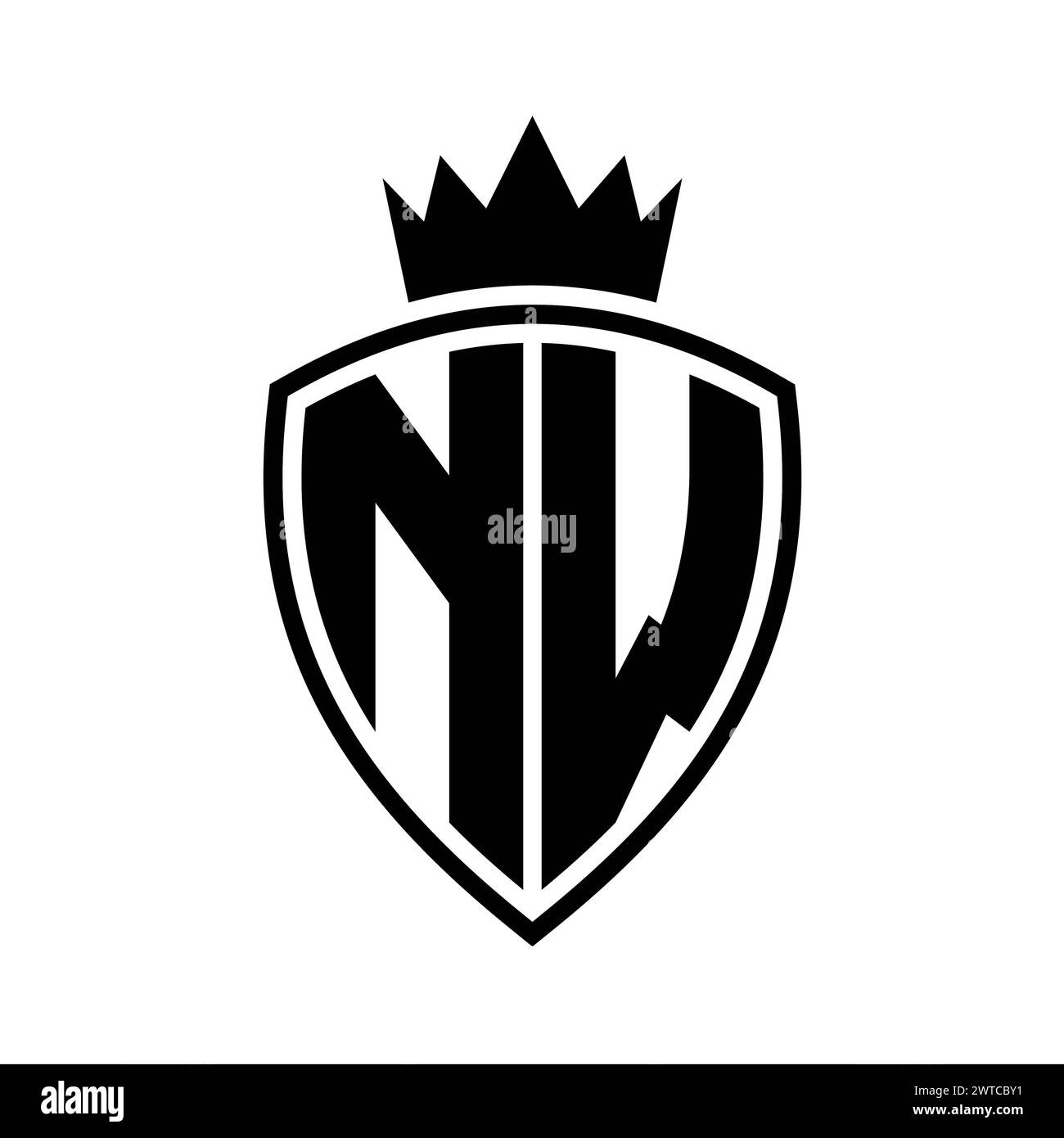 NW Letter bold monogram with shield and crown outline shape with black ...