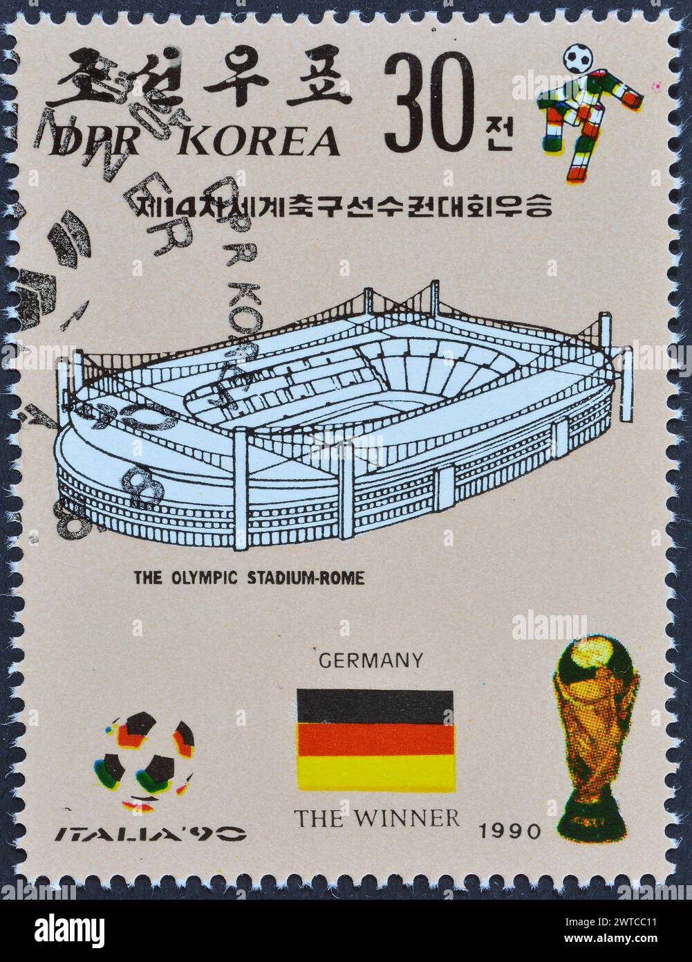 Cancelled postage stamp printed by North Korea, that promotes World cup ...