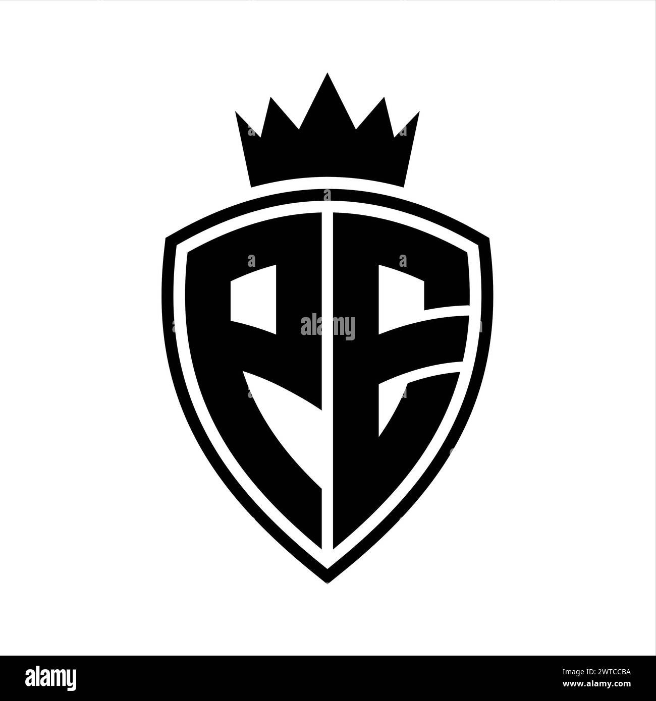 PE Letter bold monogram with shield and crown outline shape with black and white color design ...