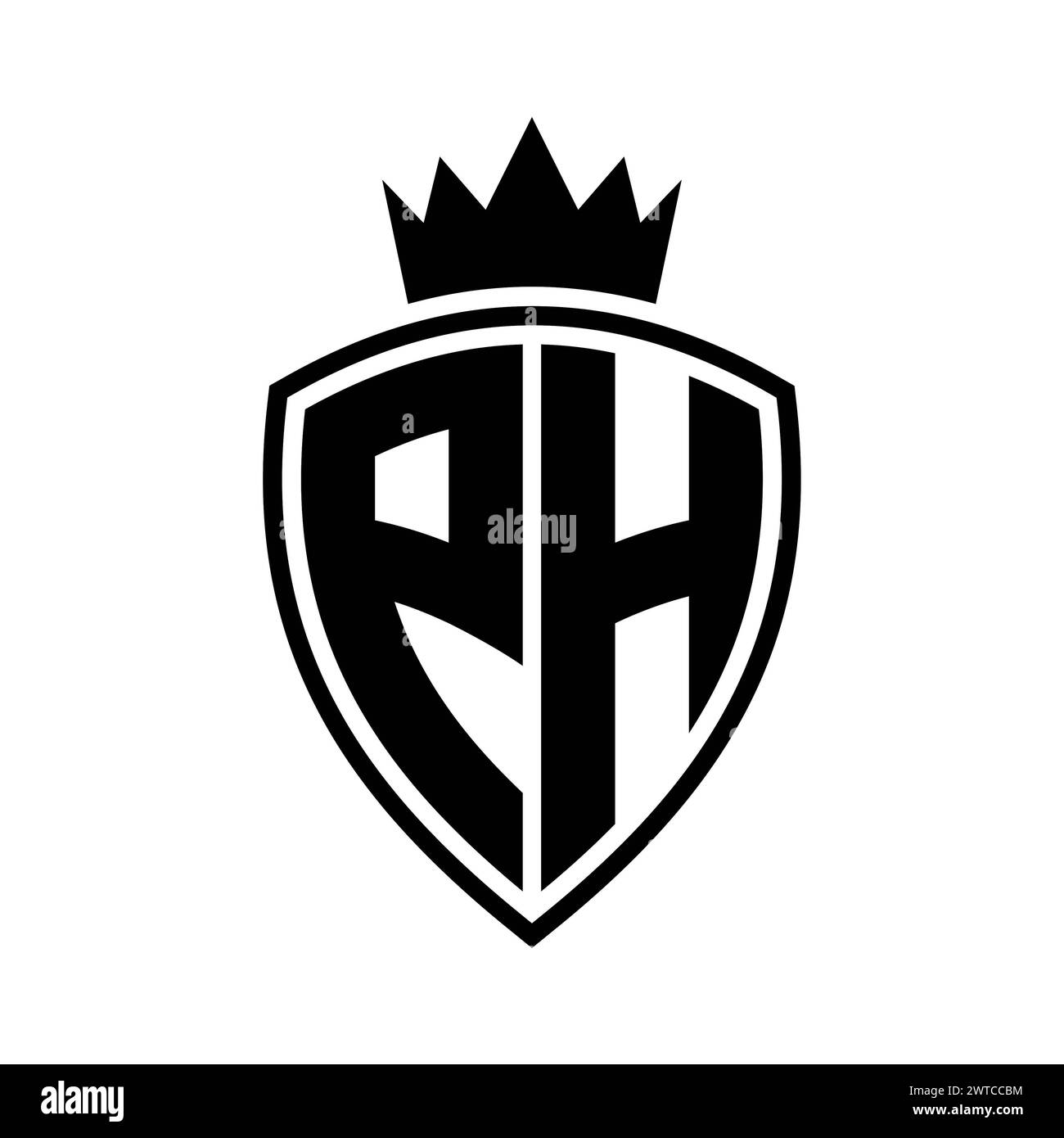 PH Letter bold monogram with shield and crown outline shape with black ...